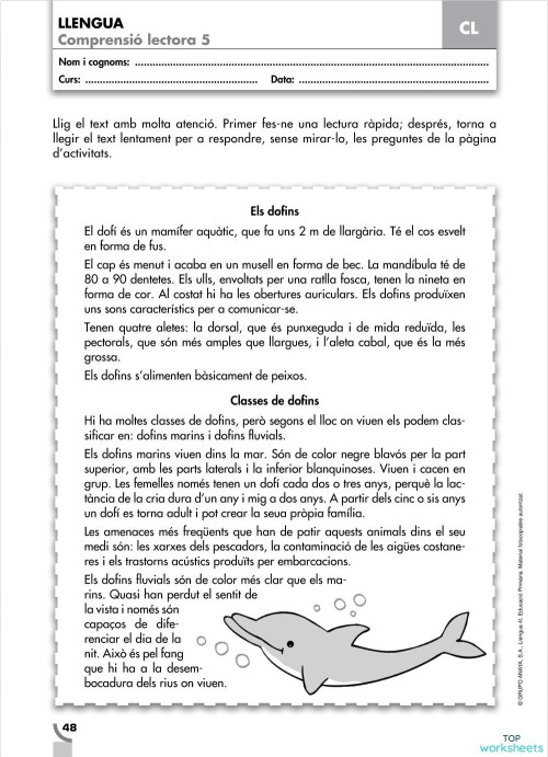 COMPRENSIÓ 5. ELS DOFINS. Fitxa interactiva | TopWorksheets