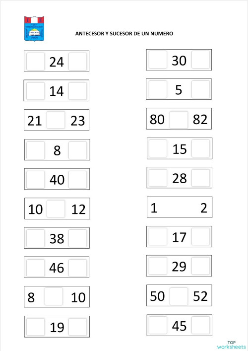 Antecesor y sucesor 1 al 100. Ficha interactiva | TopWorksheets