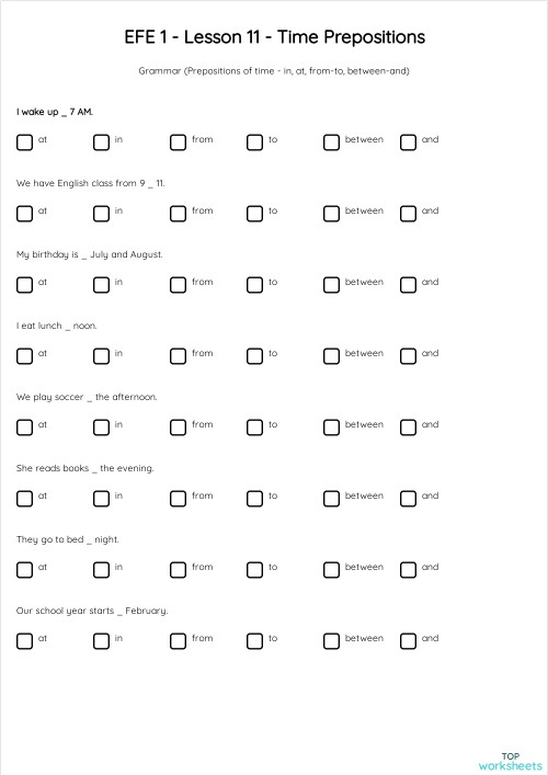 EFE 1 - Lesson 11 - Time Prepositions. Interactive worksheet ...