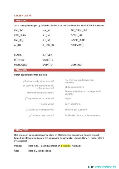 Lekser uke 48. Ficha interactiva | TopWorksheets