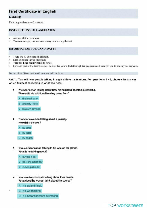FCE Test 2 Listening. Interactive worksheet | TopWorksheets