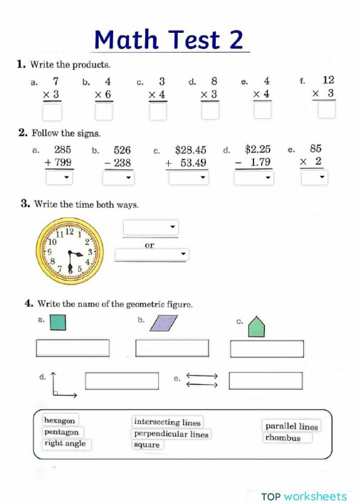 Math Test 2. Interactive worksheet | TopWorksheets