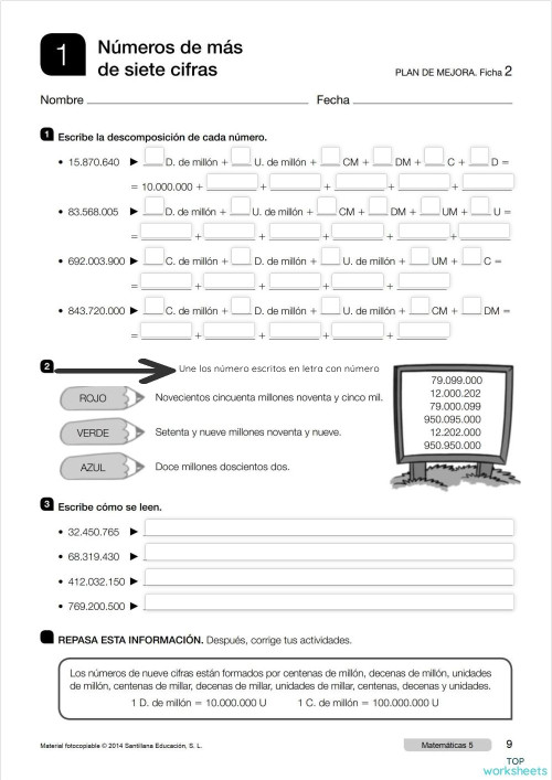 Números de más de siete cifras. Ficha interactiva | TopWorksheets