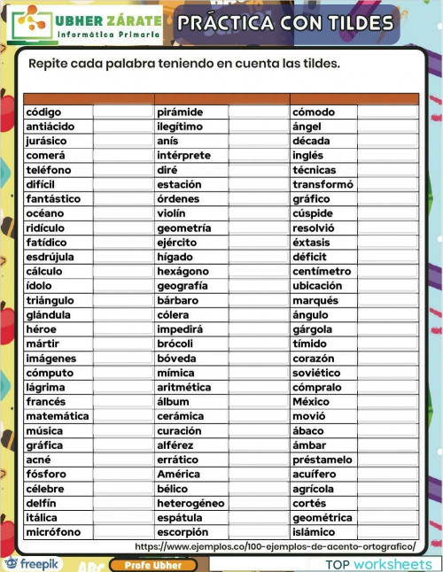 Práctica con tildes. Ficha interactiva | TopWorksheets