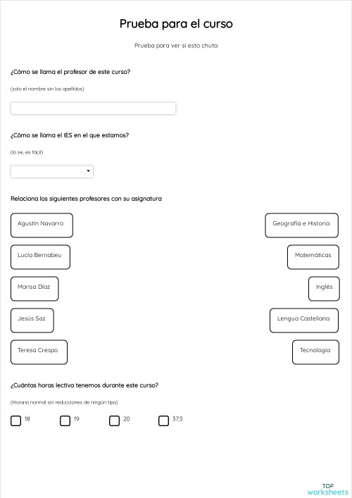 Prueba para el curso. Ficha interactiva | TopWorksheets