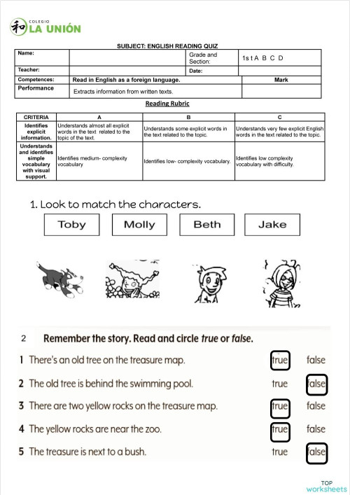 Reading Activity - The Treasure. Interactive worksheet | TopWorksheets