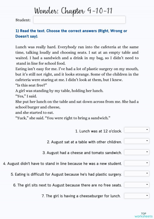 Wonder: Chapters 9-10-11. Interactive worksheet | TopWorksheets