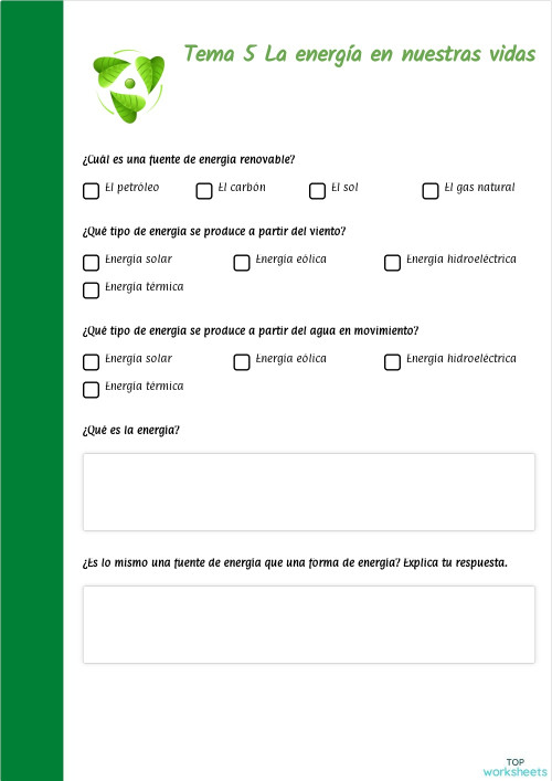 Materia y energía: fichas interactivas y ejercicios online | TopWorksheets