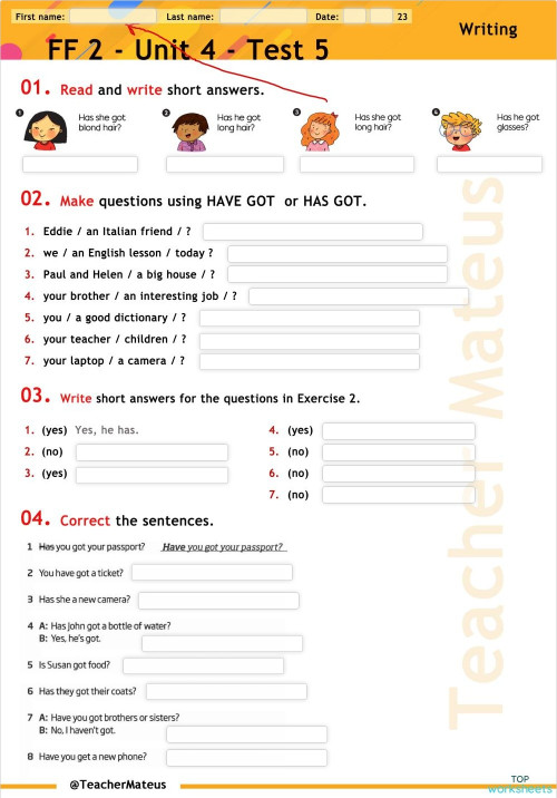 FF 2 - Unit 04 - Test 5 - Writing. Interactive worksheet | TopWorksheets