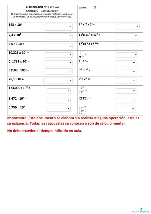 Algebrator 1 B1. Ficha interactiva | TopWorksheets