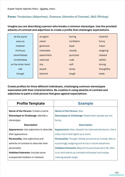 Adverbs of Contrast - Adjectives and stereotypes. Interactive worksheet ...