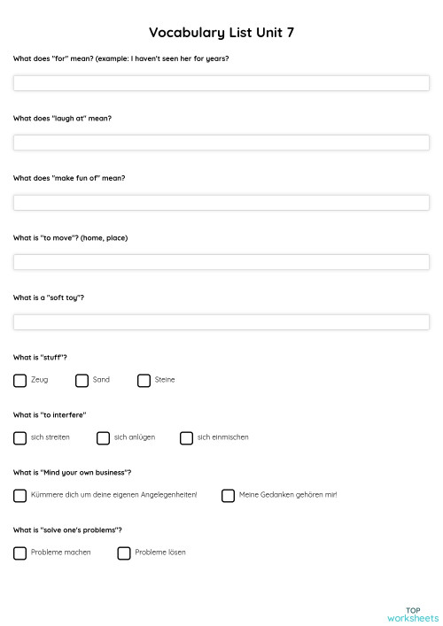 Vocabulary List Unit 7. Interactive worksheet | TopWorksheets