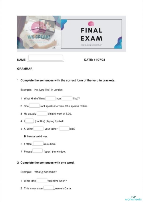 elementary hotel final exam. Interactive worksheet | TopWorksheets