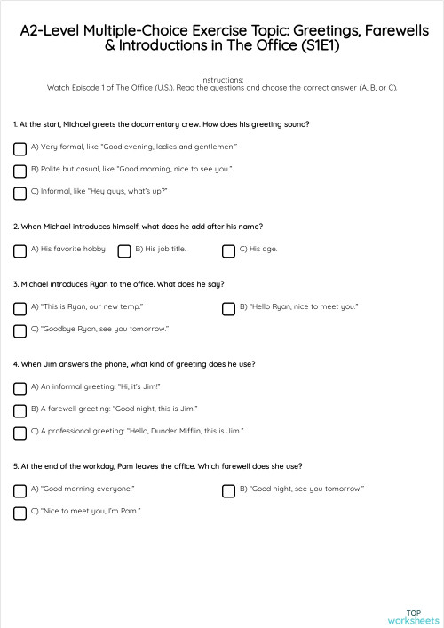 📝 A2-Level Multiple-Choice Exercise Topic: Greetings, Farewells ...