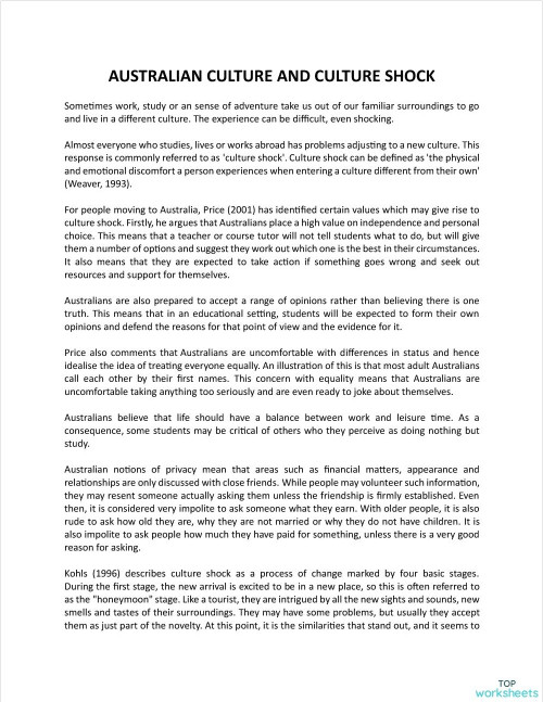 AUSTRALIAN CULTURE. Interactive worksheet | TopWorksheets