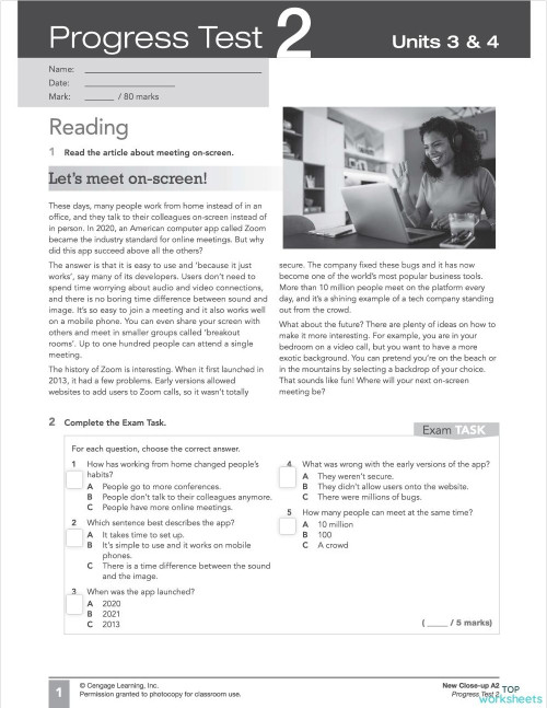 Close-up A2 Progress Test 2 Reading. Interactive worksheet | TopWorksheets