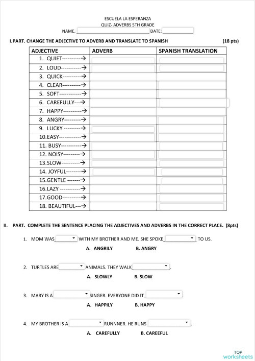 QUIZ- ADJECTIVES-ADVERBS. Interactive worksheet | TopWorksheets