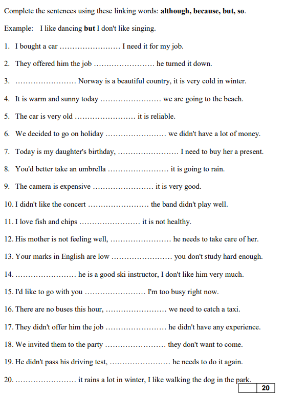 Linking Words - although, because, but, so. Interactive worksheet ...