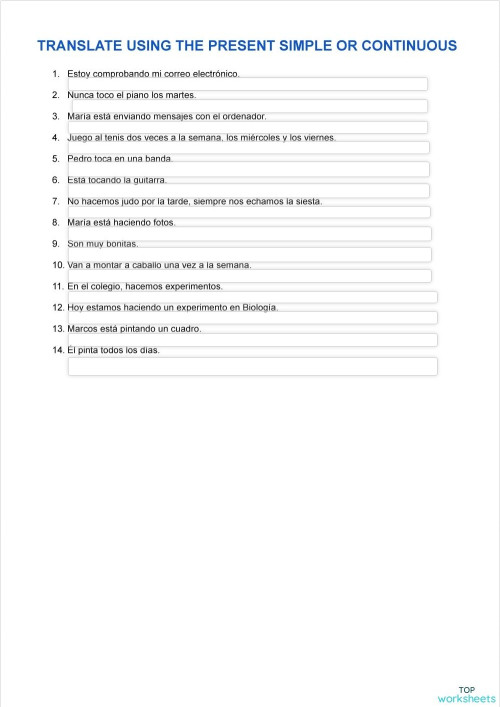 TRANSLATION - PRESENT SIMPLE AND PRESENT CONTINUOUS. Ficha interactiva | TopWorksheets