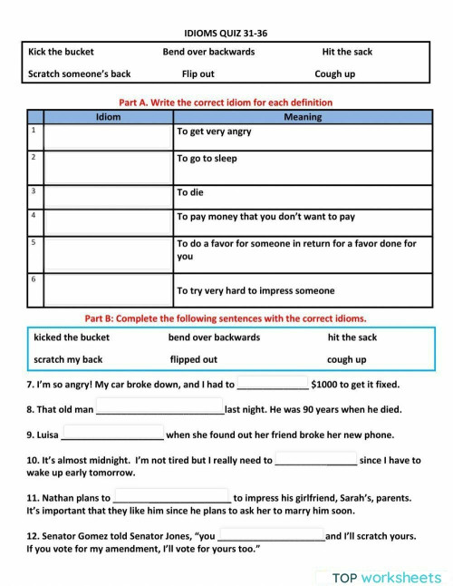 Idioms Quiz 31-36. Interactive worksheet | TopWorksheets