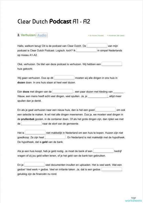 Clear Dutch Podcast A1/A2 - 2. Verhuizen (gatentekst). Interactive ...