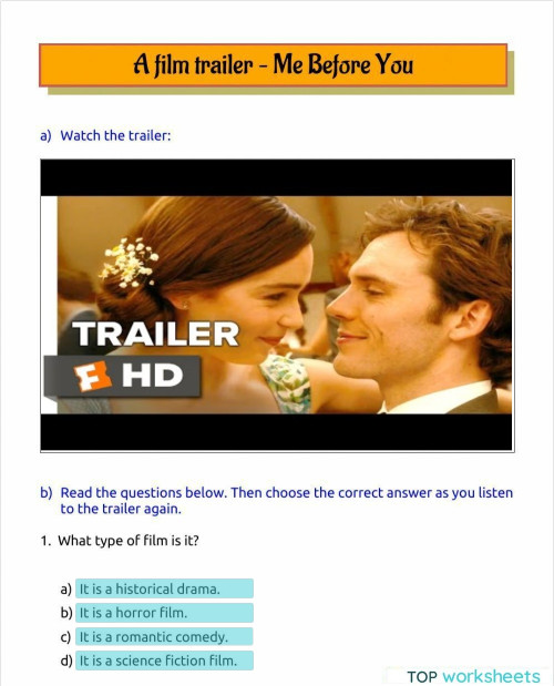 Me Before You - film trailer. Interactive worksheet | TopWorksheets