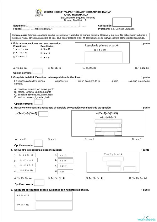 EvaluaciÓn De MatemÁtica Noveno A Tercer Trimestre Ficha Interactiva 1266