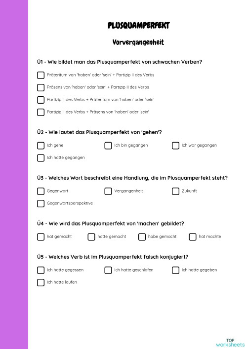 PLUSQUAMPERFEKT. Interaktives Arbeitsblatt | TopWorksheets