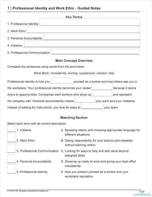 1 | Professional Identity and Work Ethic - Worksheet #2. Interactive ...