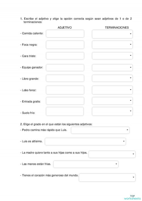EL ADJETIVO Y SUS GRADOS. Ficha interactiva | TopWorksheets
