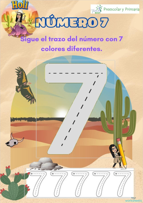 Trazo número 7. Ficha interactiva | TopWorksheets