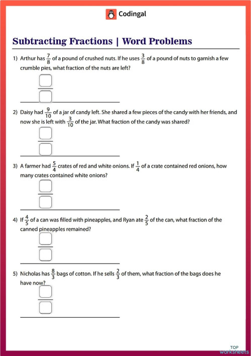 M_G04M08L28_WC01_Subtracting simple fractions word problems. Interactive worksheet | TopWorksheets