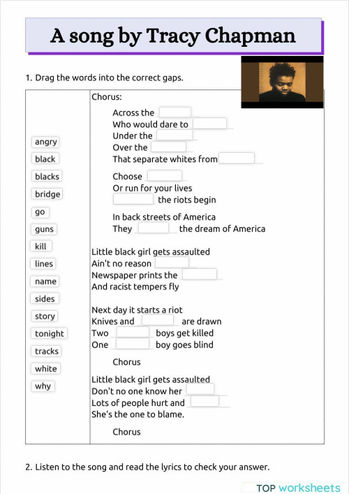 A song by Tracy Chapman. Interactive worksheet | TopWorksheets