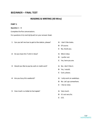 Final Test - READING & WRITING. Interactive worksheet | TopWorksheets