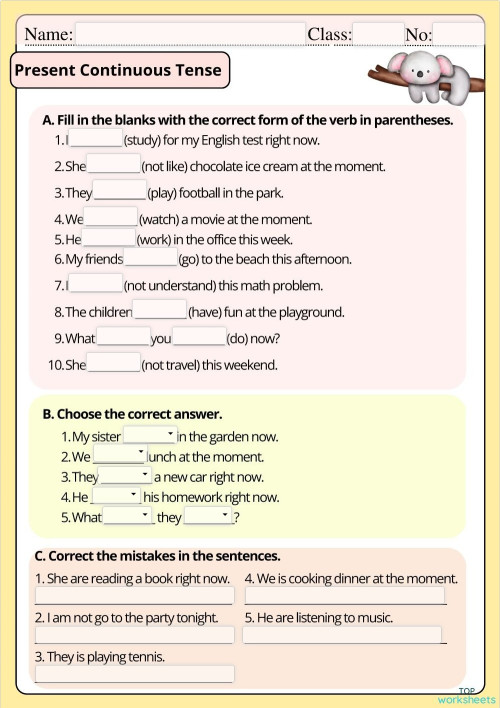 ใบงาน Present Continuous Tense ใบงานเชิงโต้ตอบ | TopWorksheets