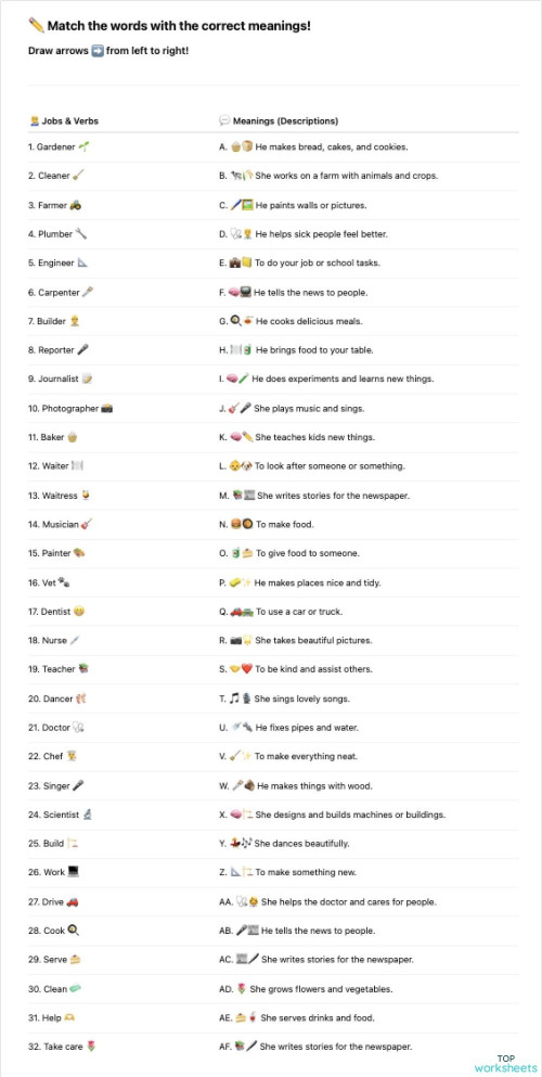 Jobs y Verbs. Interactive worksheet | TopWorksheets