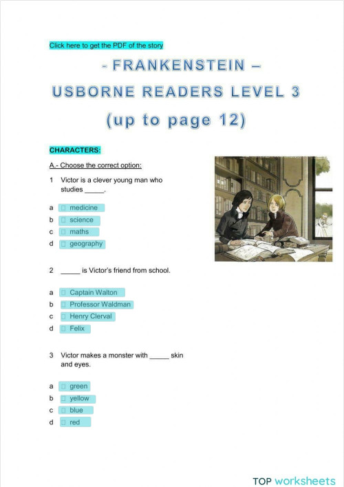 Frankenstein Level 3 Characters and Plot. Interactive worksheet ...