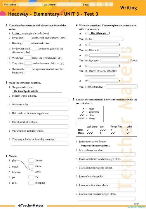 Headway Elementary Unit 3 Test 3 Writing Tm0382 Interactive