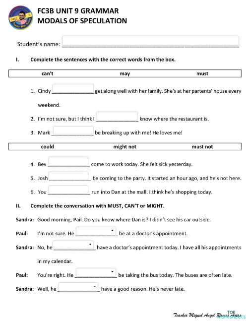 FC3B UNIT 9 GRAMMAR - MODALS OF SPECULATION. Interactive worksheet | TopWorksheets