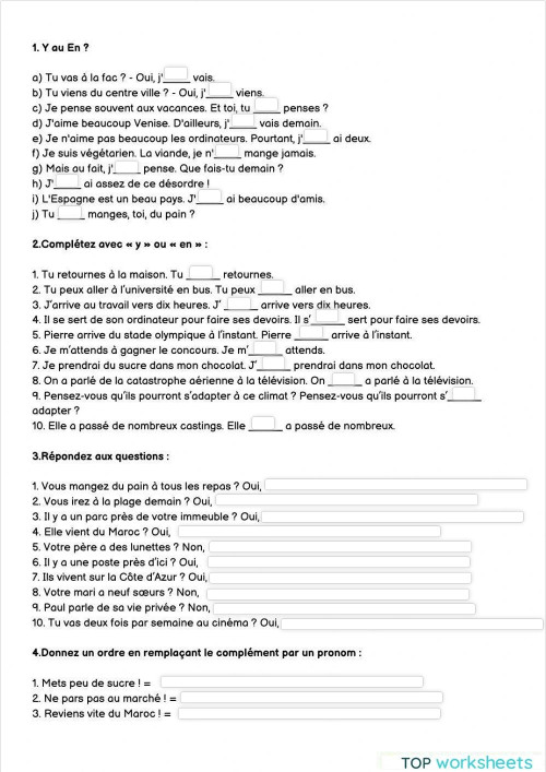 Pronoms EN-Y. Fiche interactive | TopWorksheets