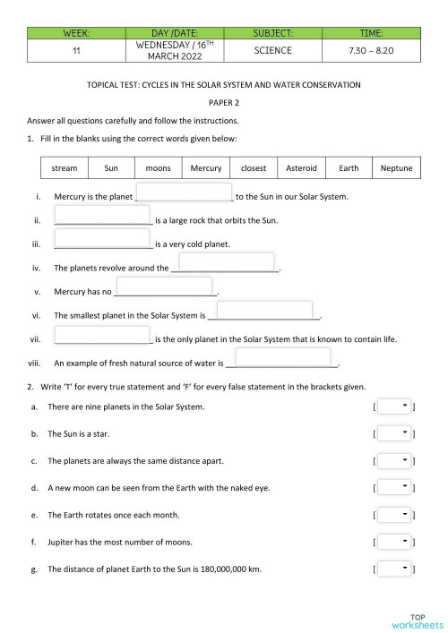 TOPICAL TEST P2 CYCLES IN THE SOLAR SYSTEM AND WATER CONSERVATION ...