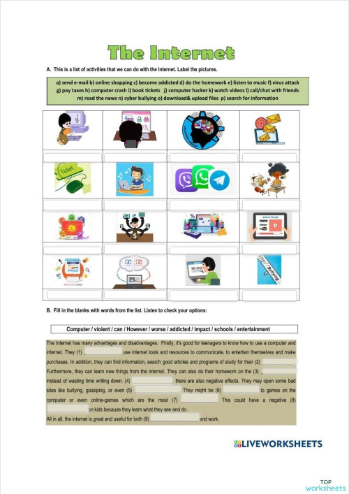 The internet activities. Interactive worksheet | TopWorksheets