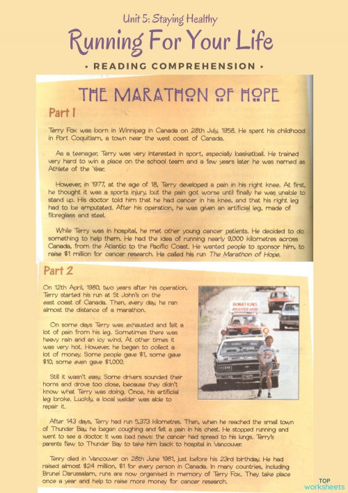 Reading: The Marathon of Hope. Interactive worksheet | TopWorksheets