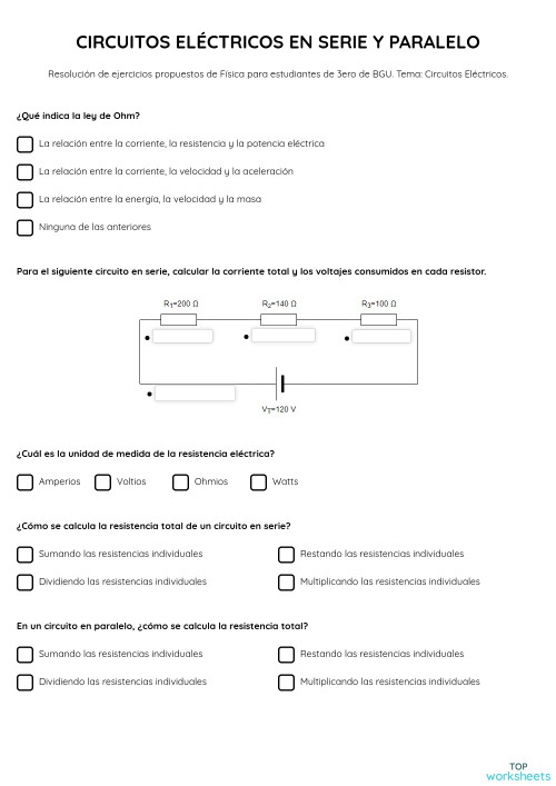 Hoja De Trabajo De Circuitos En Serie Y Circuitos En Paralelo