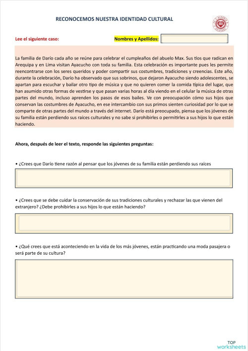 RECONOCEMOS NUESTRA IDENTIDAD CULTURAL. Ficha interactiva | TopWorksheets