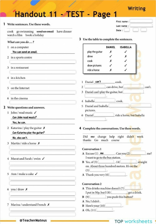 Handout 11 - TEST - Page 1 - Writing. Interactive worksheet | TopWorksheets