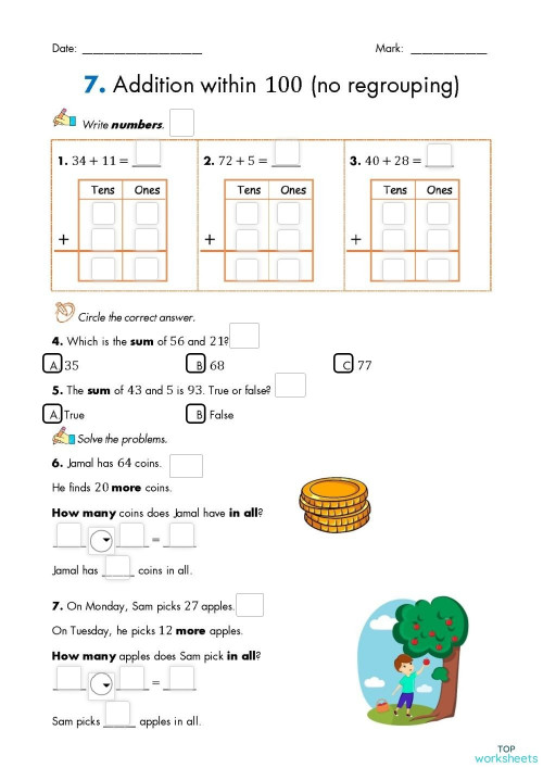 G1 - Addition within 100. Interactive worksheet | TopWorksheets