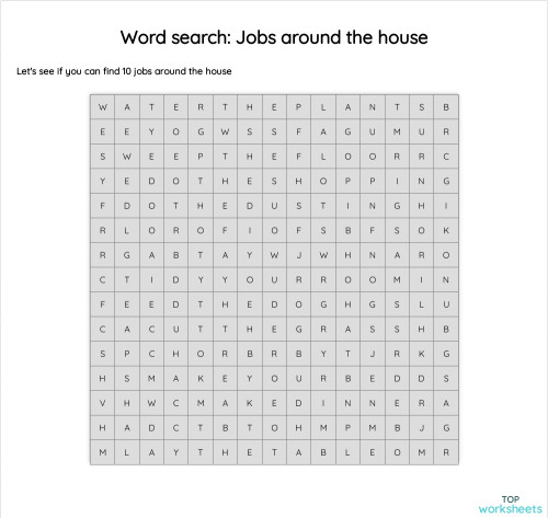 Word search: Jobs around the house. Interactive worksheet | TopWorksheets
