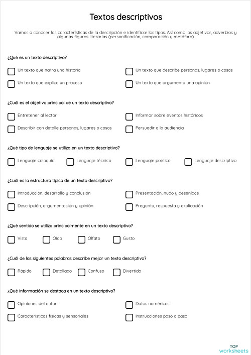Textos descriptivos. Ficha interactiva | TopWorksheets
