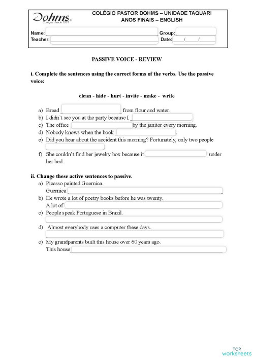 Passive Voice Review -EM3A. Ficha interativa | TopWorksheets